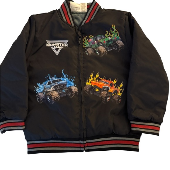 Jackets & Coats | Monster Jam Black Jacket With Colorful Monster Trucks ...
